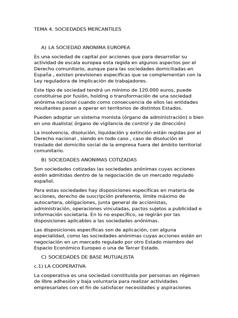 Tema 4 Sociedades Mercantiles | PDF | Sociedad de responsabilidad limitada | Cooperativa