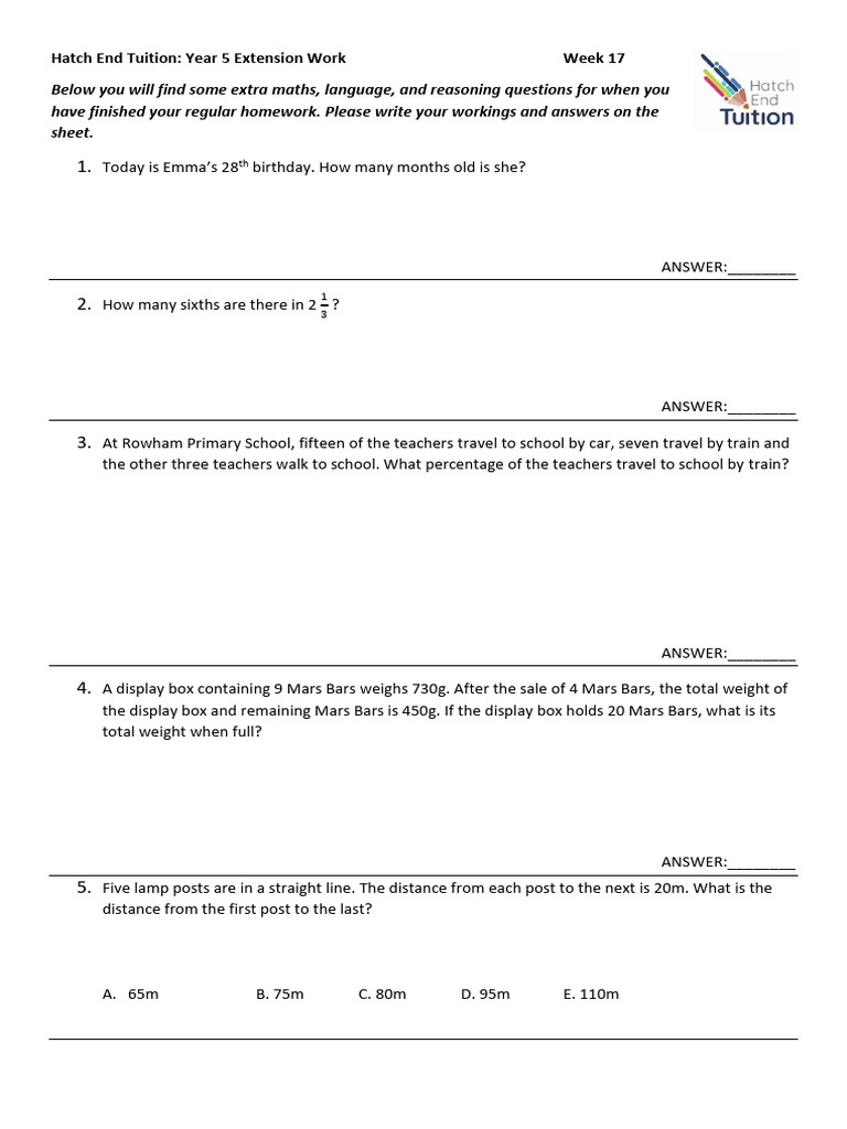Week 17 Year 5 Extension Homework 2025 | PDF