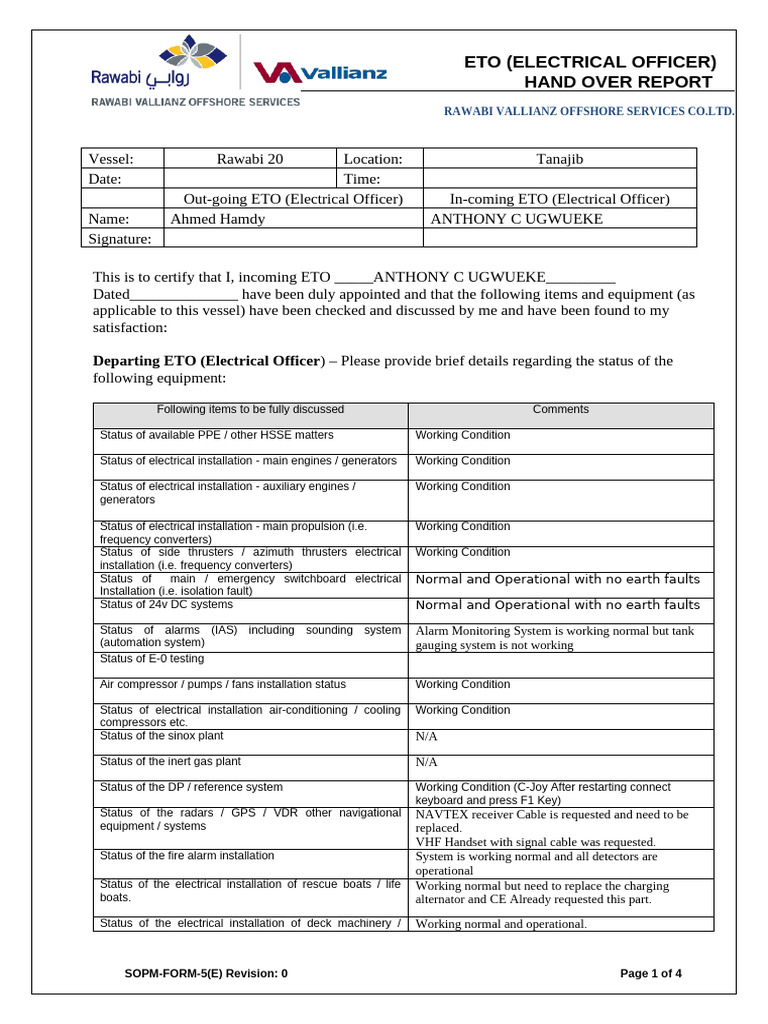 SOPM-FORM-05 (E) ETO Hand-Over Report Rev 0 | PDF | Relay | Water Heating