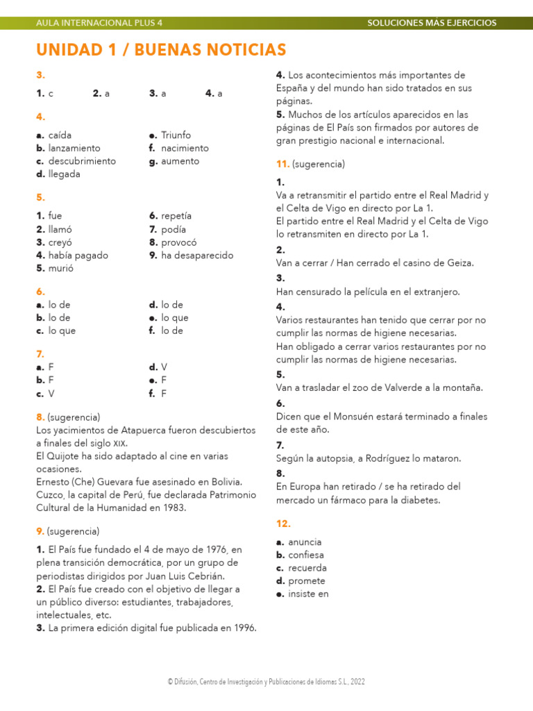 Aula Int Plus 4 Soluciones Unidad 1 6 | PDF