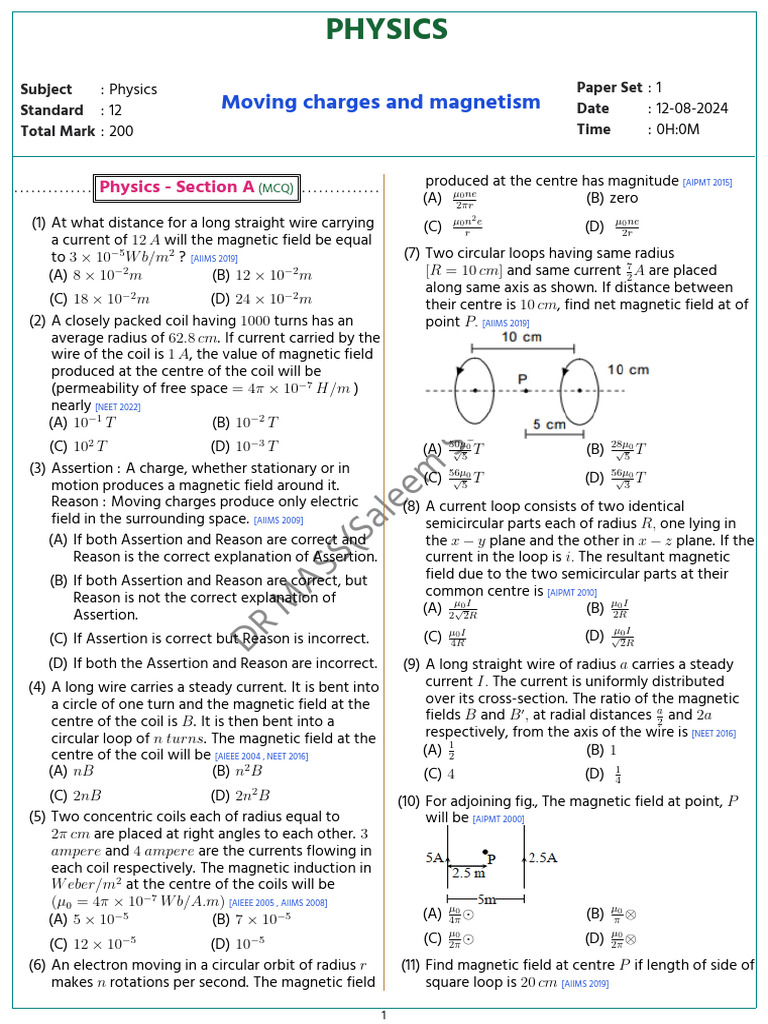 Physics MCQs on Moving Charges & Magnetism | PDF | Magnetic Field ...