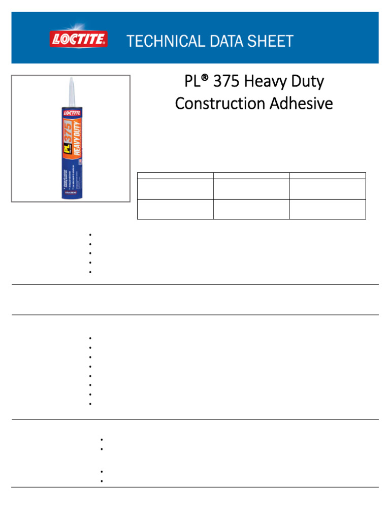 Loctite PL 375 VOC Heavy Duty Construction Adhesive Product Data ...
