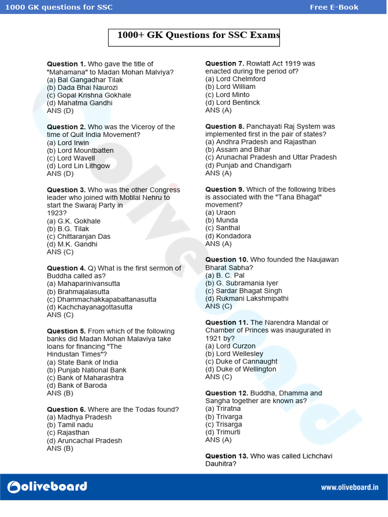 1000 GK Questions for SSC Exams | PDF | Indian National Congress ...