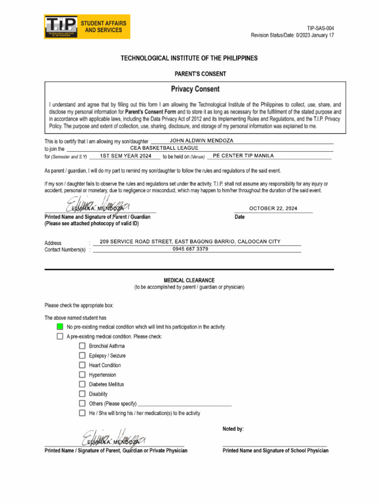 PARENT_S CONSENT FORM AND MED CERT | PDF