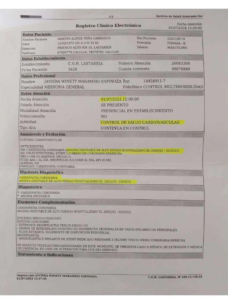 Control de Salud Julio 2024 Cardiovascular CGR Lastarria | PDF