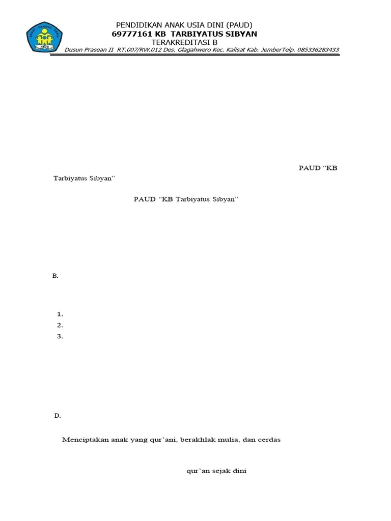 PROPOSAL PAUD KB Tarbiyatus Sibyan | PDF