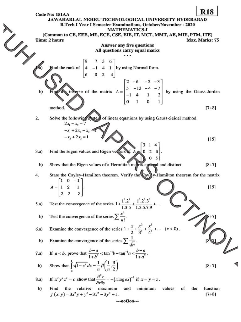 MATHEMATICS-I Question Papers | PDF