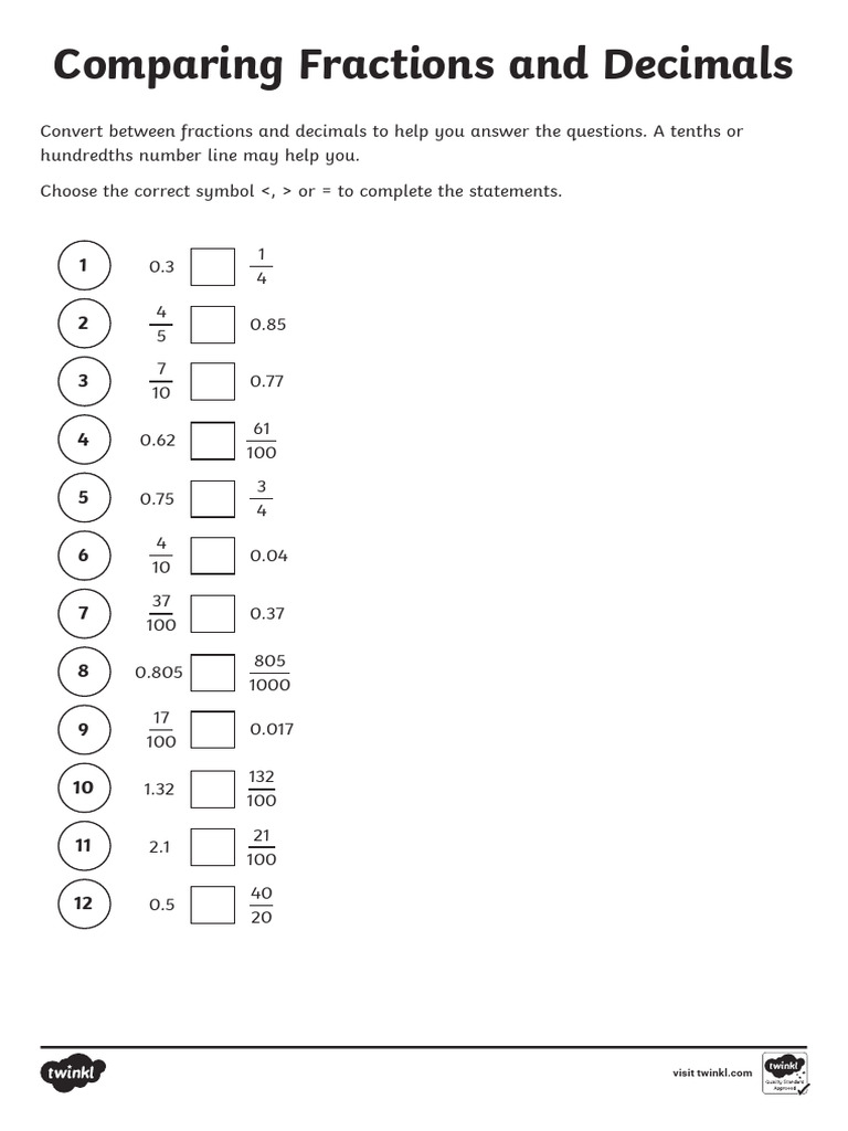 Comparing Fractions and Decimals - Ver - 1 | PDF