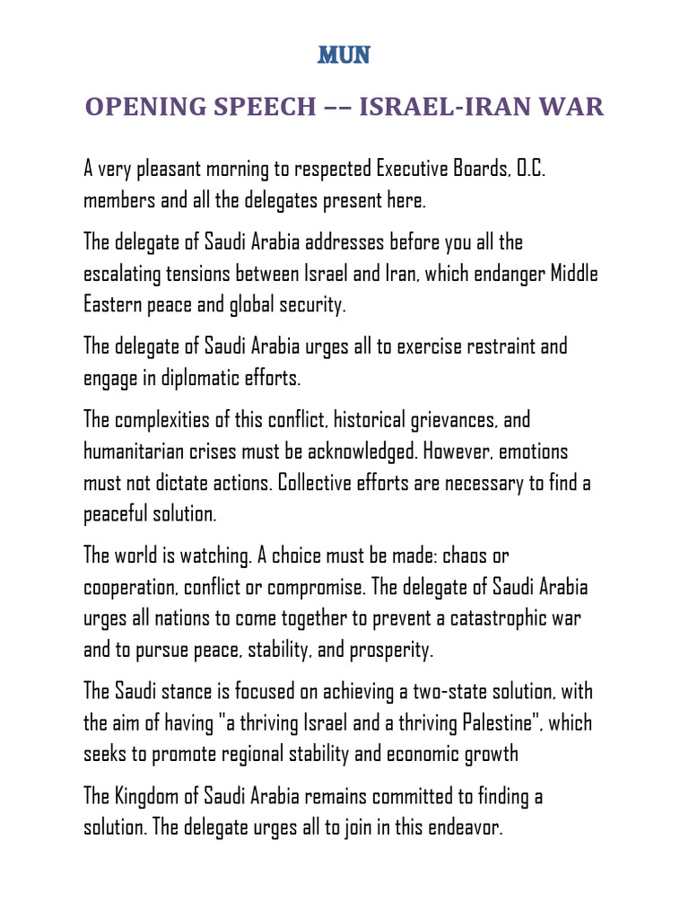 Saudi Arabia-Opening Speech (MUN) | PDF