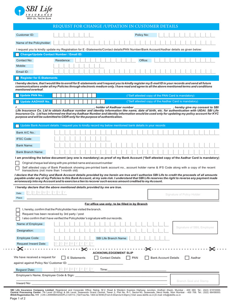 SBI Life - Bank Details Updation | PDF | Insurance