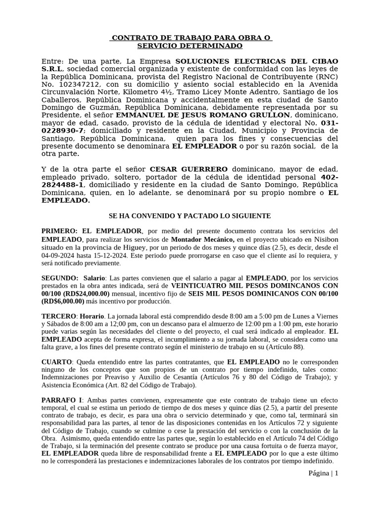 Modelo de Contrato de Obra o Servicio | PDF | República Dominicana