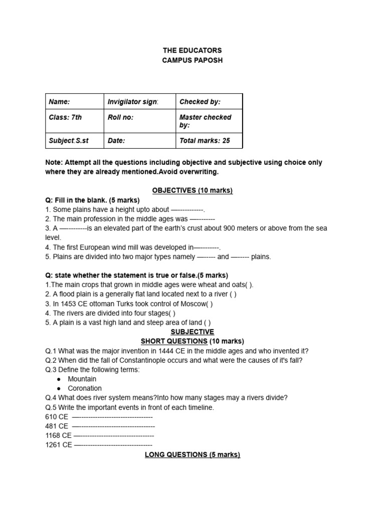 7th Grade Social Studies Exam Template | PDF
