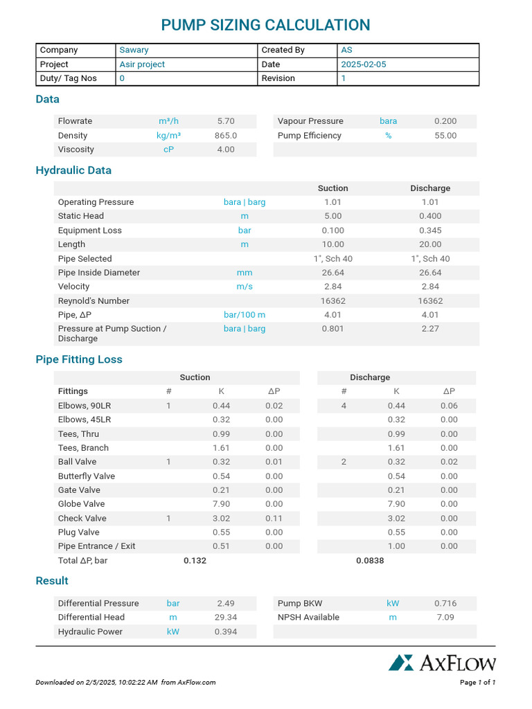 Pump - Calc (1) - 250205 - 102257 | PDF | Pump | Hydraulics