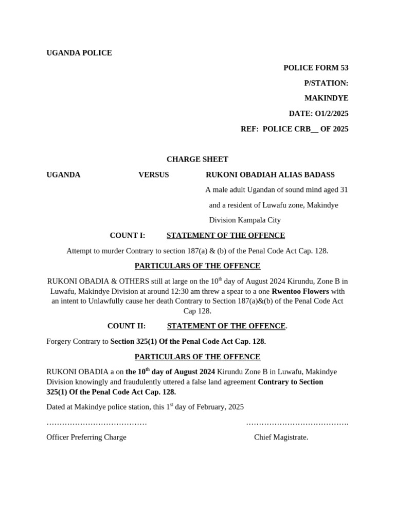 Uganda Police Charge Sheet: Rukoni Obadiah | PDF