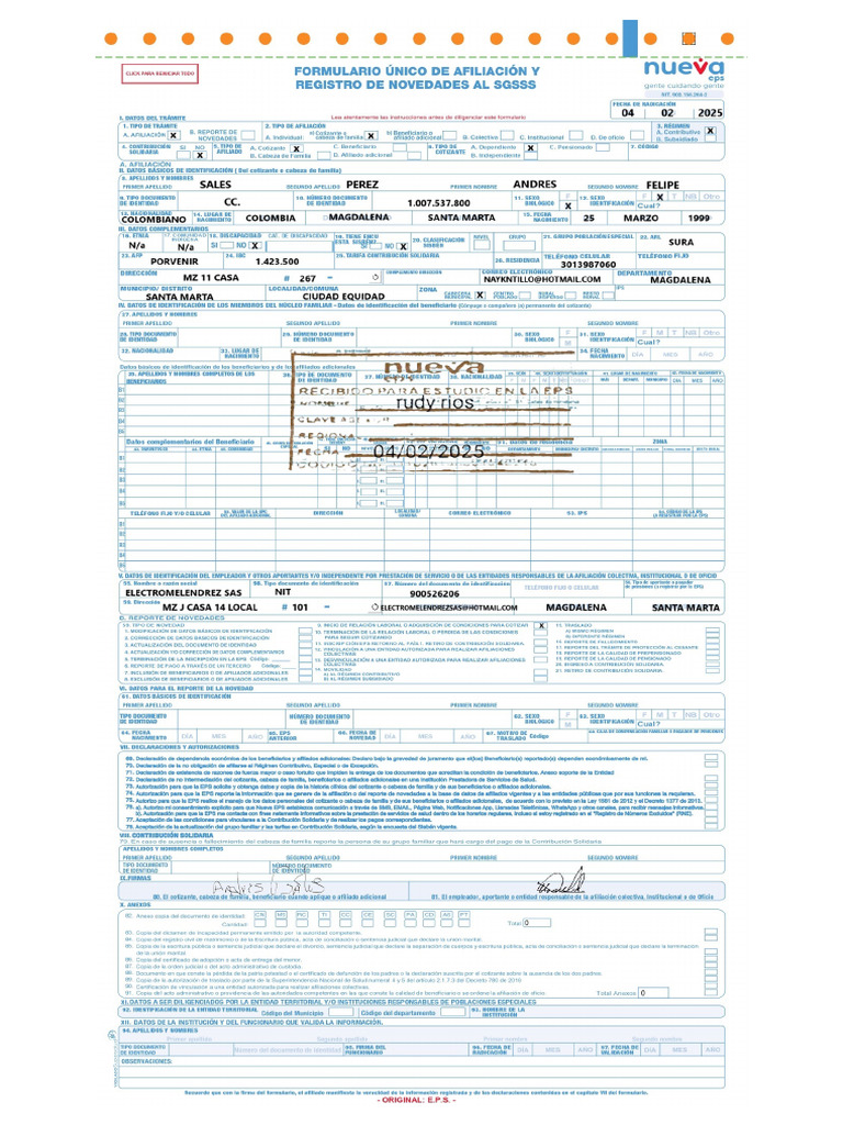 Nueva EPS Formulario Único de Afiliación 2025 Digital (Versión 2 | PDF