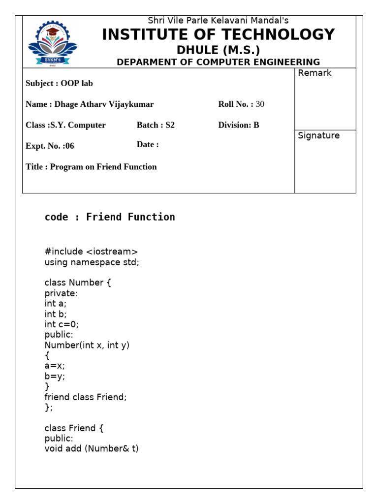 Oop Practical 6 Friendfunction | PDF