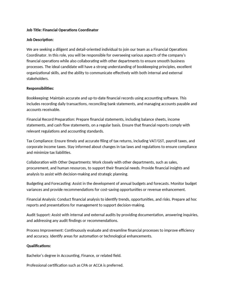 Financial Operations Coordinator Role | PDF | Taxes | Accounting