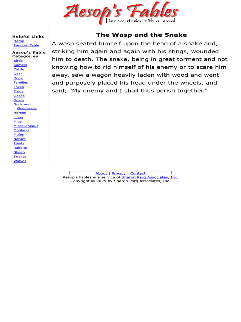 Aesop's Fable The Wasp and the Snake | PDF