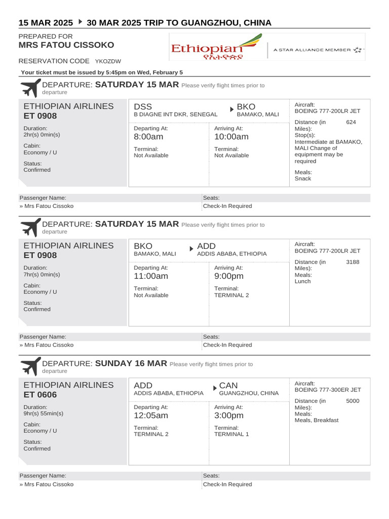 Travel Reservation March 15 for MRS FATOU CISSOKO | PDF | Airliner ...