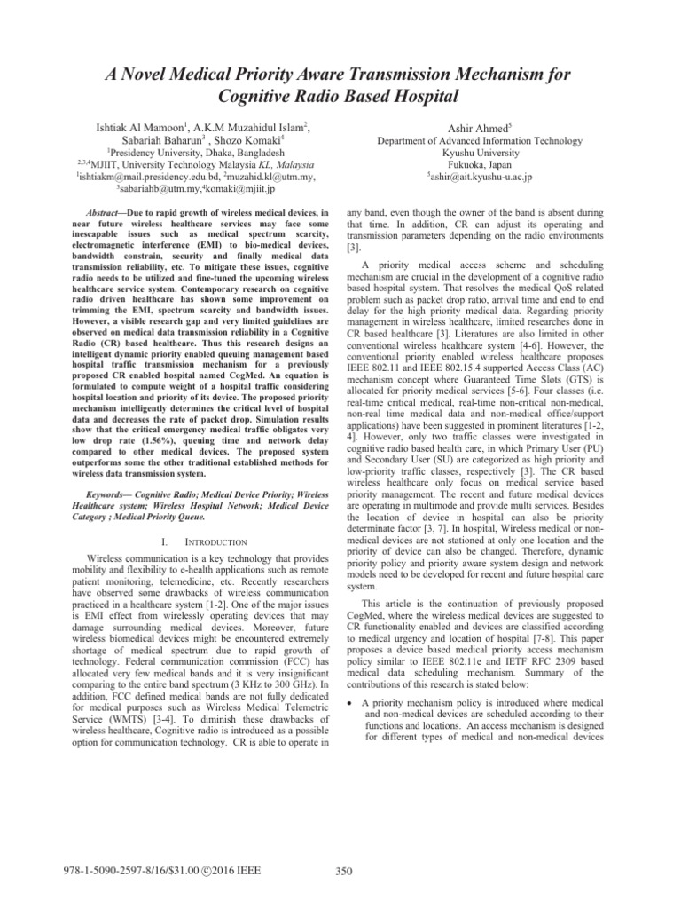 A novel medical priority aware transmission mechanism for cognitive radio based hospital | PDF ...