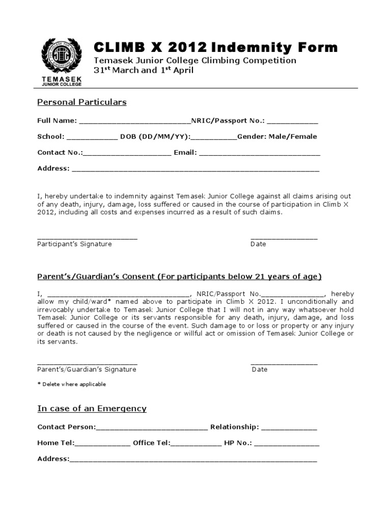 Climb X 2012 Indemnity Form | PDF | Business | Social Science