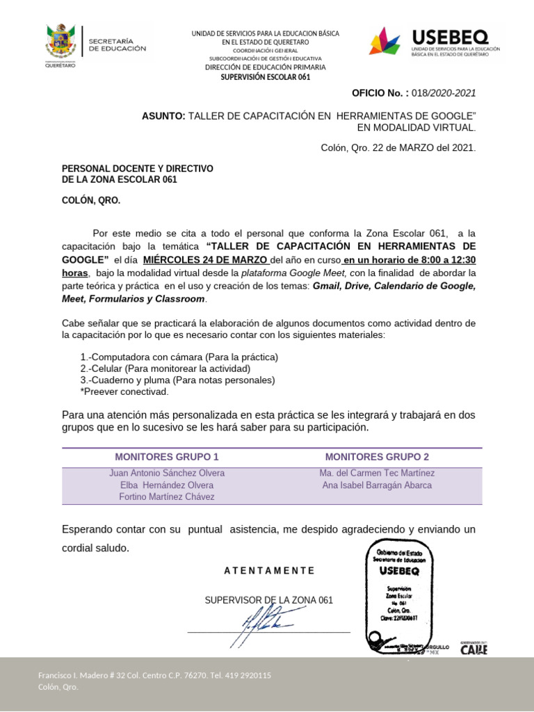 Oficio 018 Oficio para Capacitación Herramientas de Google Ok | PDF
