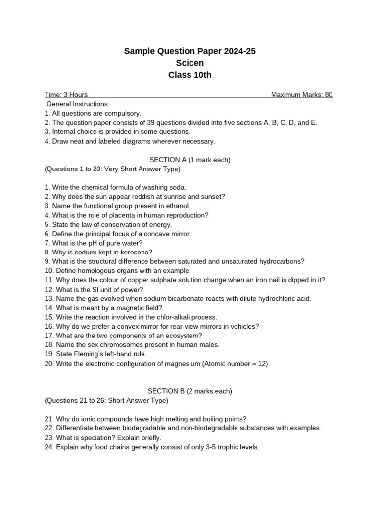 Science Class 10 Sample Question Paper 2024-25 | PDF | Resistor | Physical Sciences