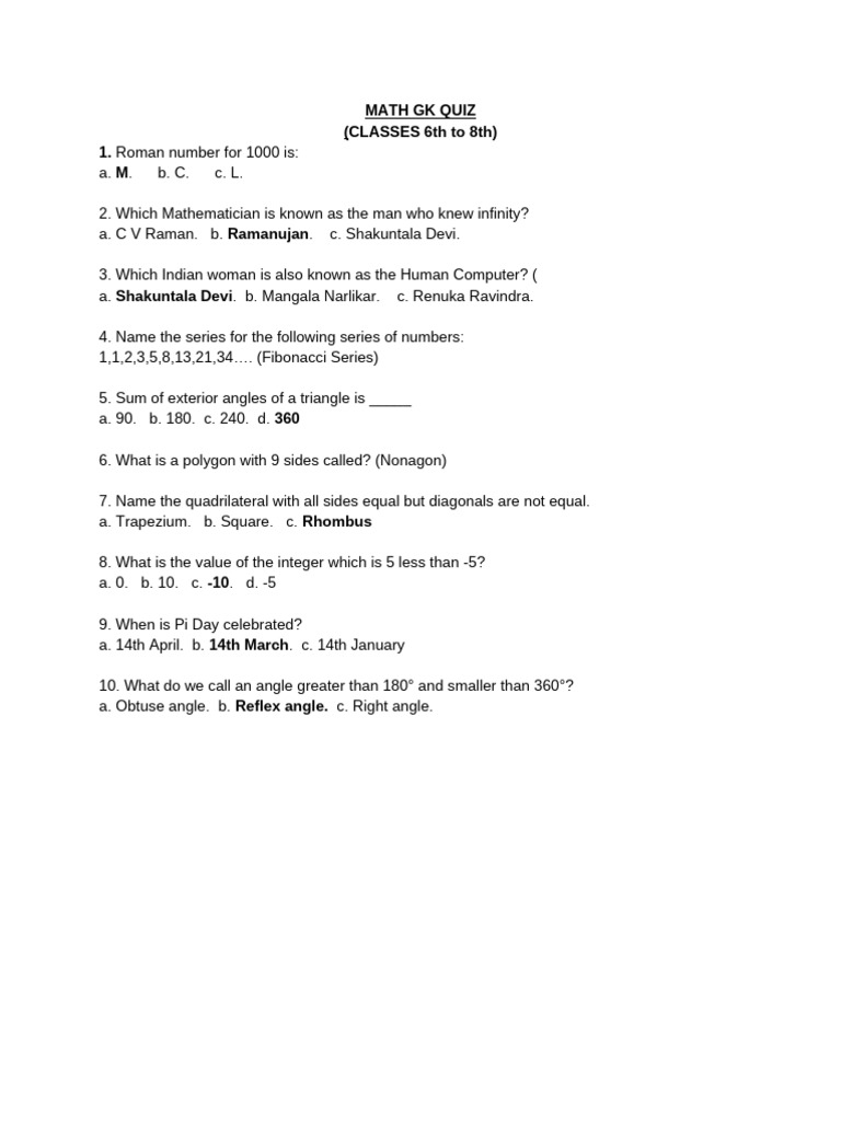 Math GK Quiz | PDF