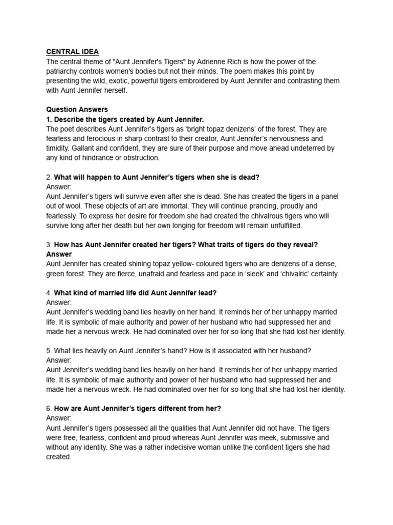 Aunt Jennifer's Tigers: Theme and Contrast | PDF