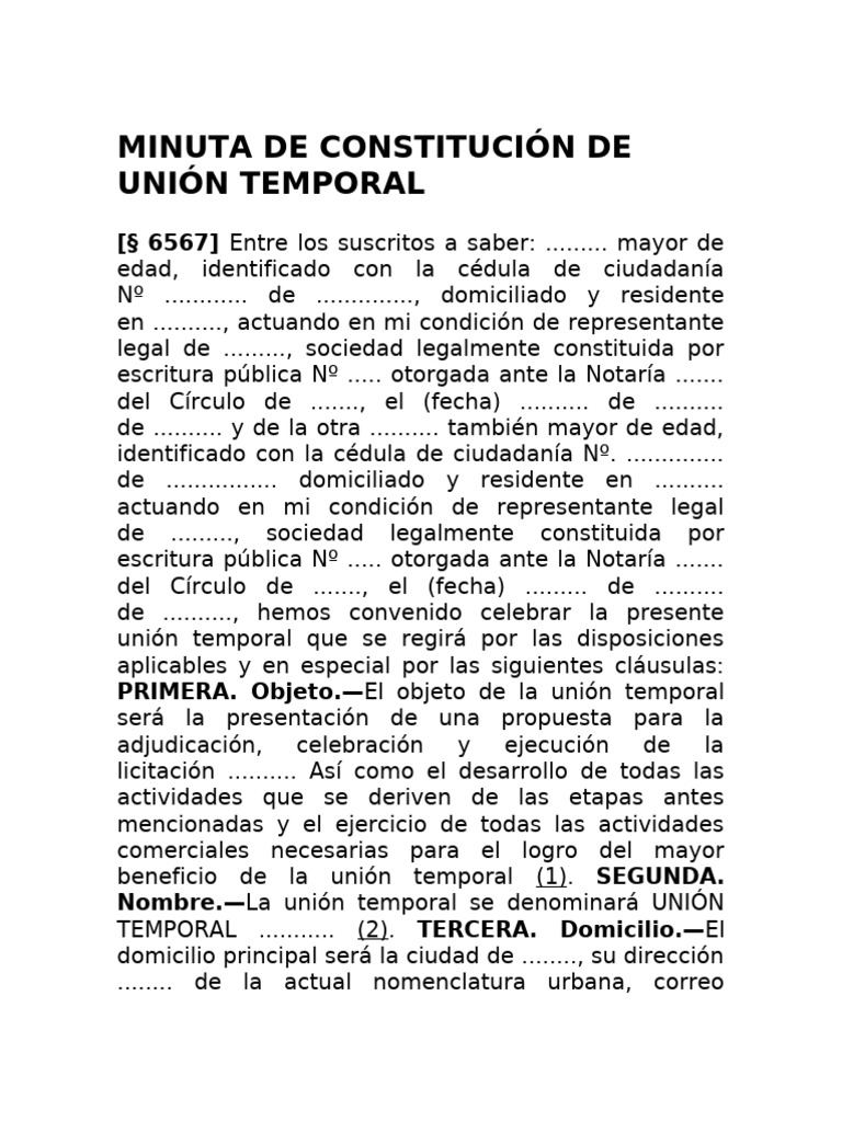 Minuta de Constitución de Unión Temporal | PDF | Sociedad de ...