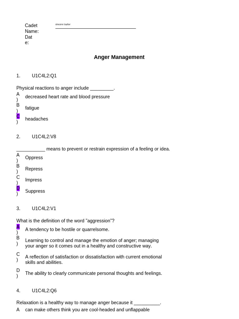Anger Management Quiz and Answers | PDF | Anger | Empathy