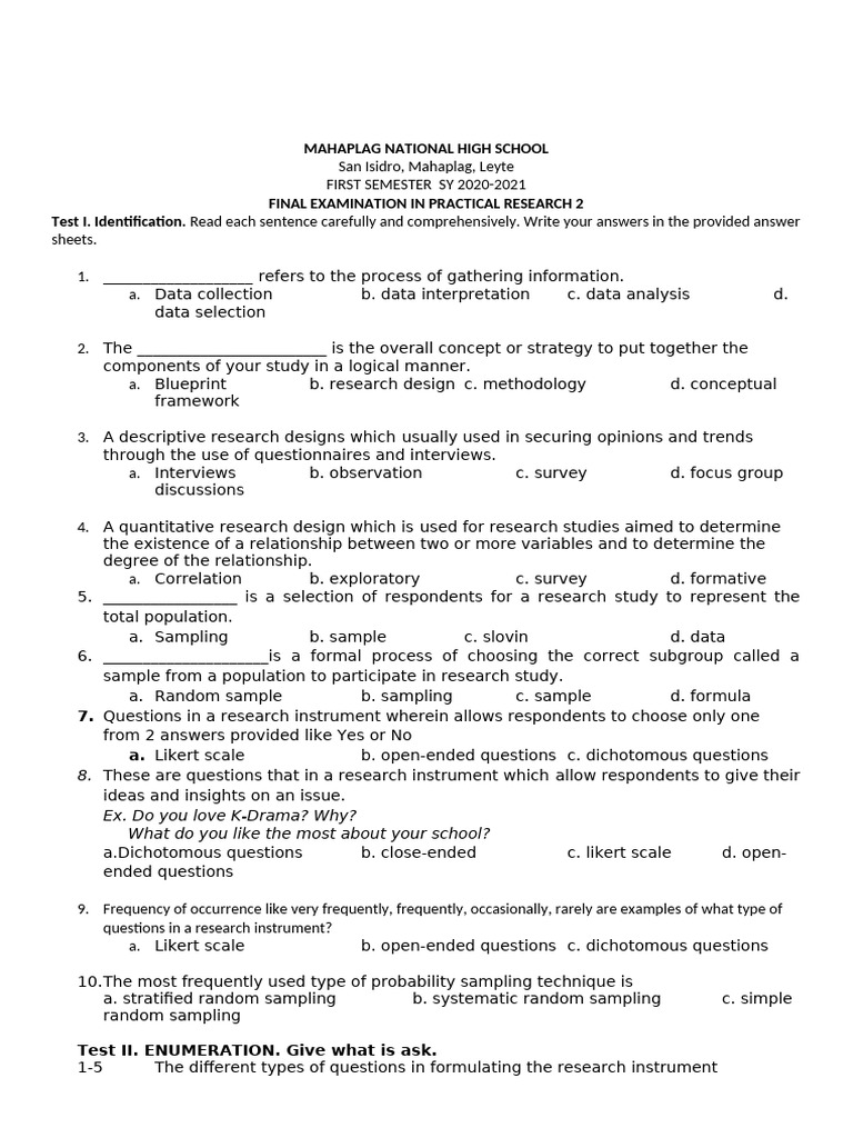Practical Research 2 Final Exam Guide | PDF | Survey Methodology ...