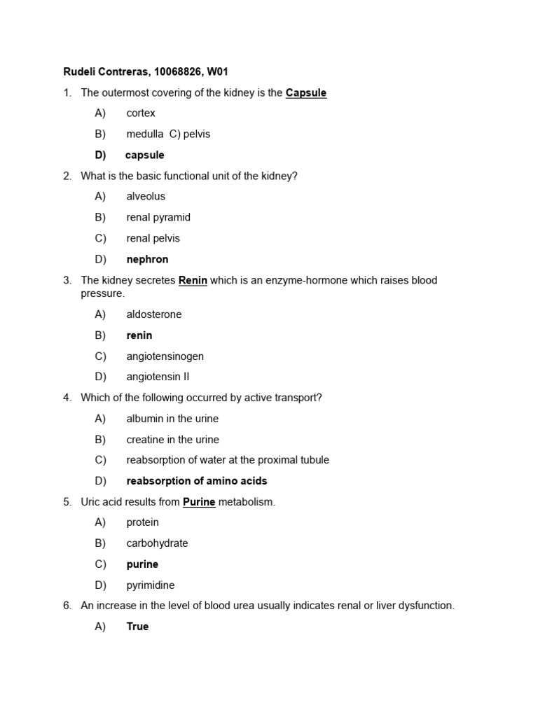 Kidney Function and Urinary Terms Quiz | PDF | Kidney | Angiotensin