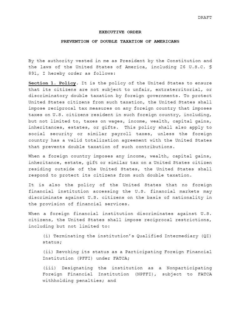 Executive Order On The Prevention of Double Taxation of Americans | PDF ...