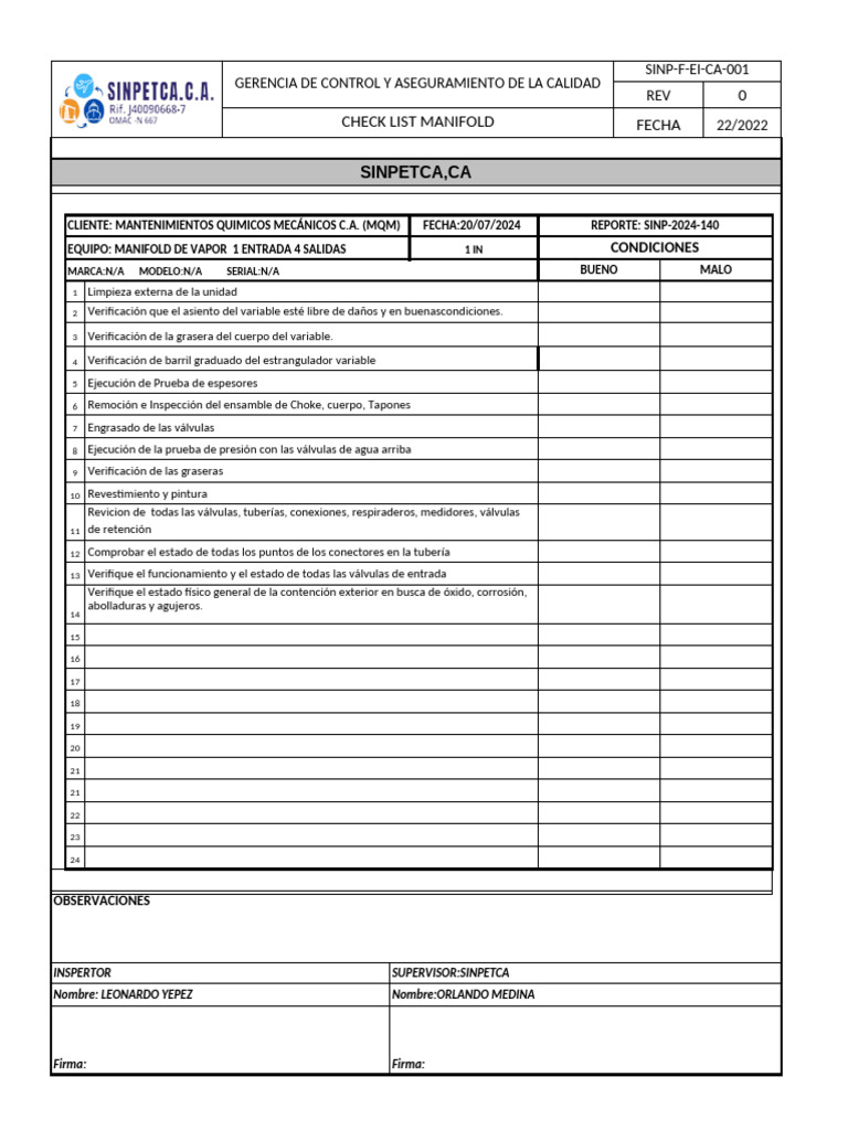 Checklist de Inspección de Manifold y Equipos | PDF | Ingeniería mecánica