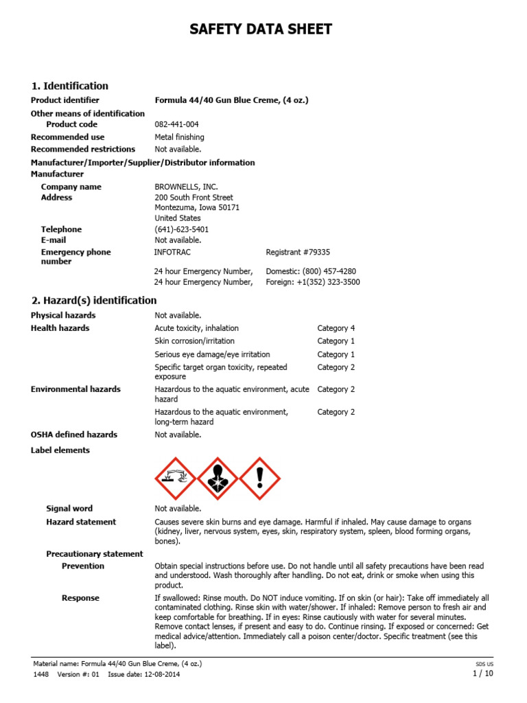 Formula 44/40 Gun Blue Creme SDS | PDF | Hazards | Toxicity