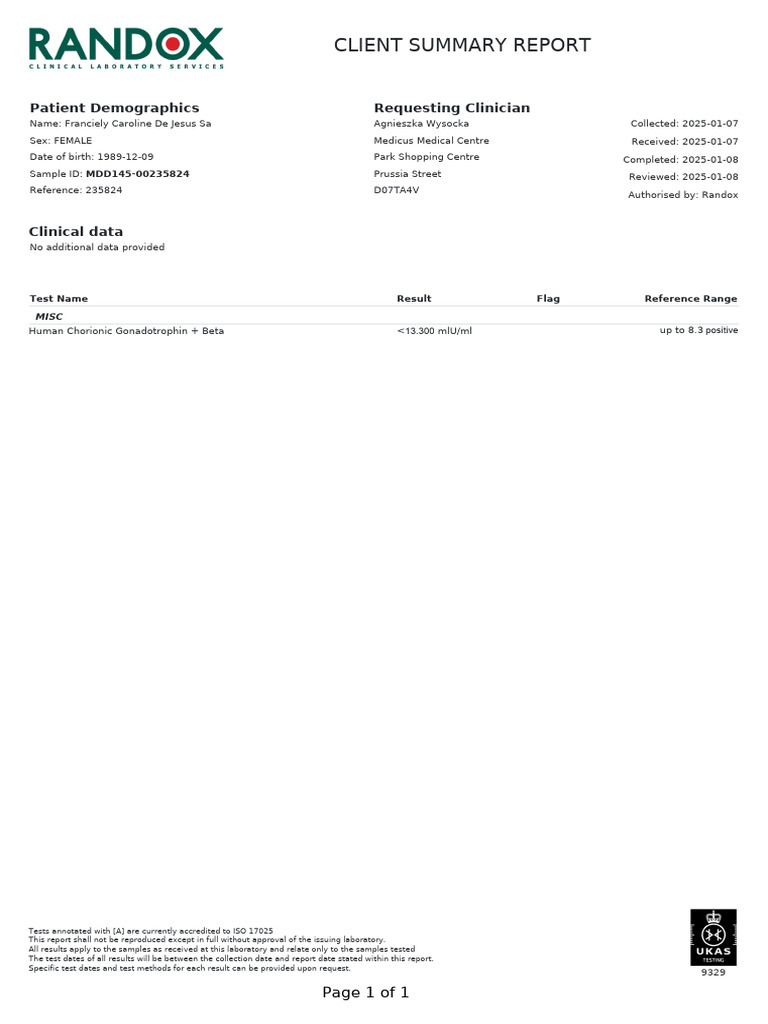 MEDICUS_LAB_RESULTS_FRANCIELY_CAROLINE SA RANDOX | PDF