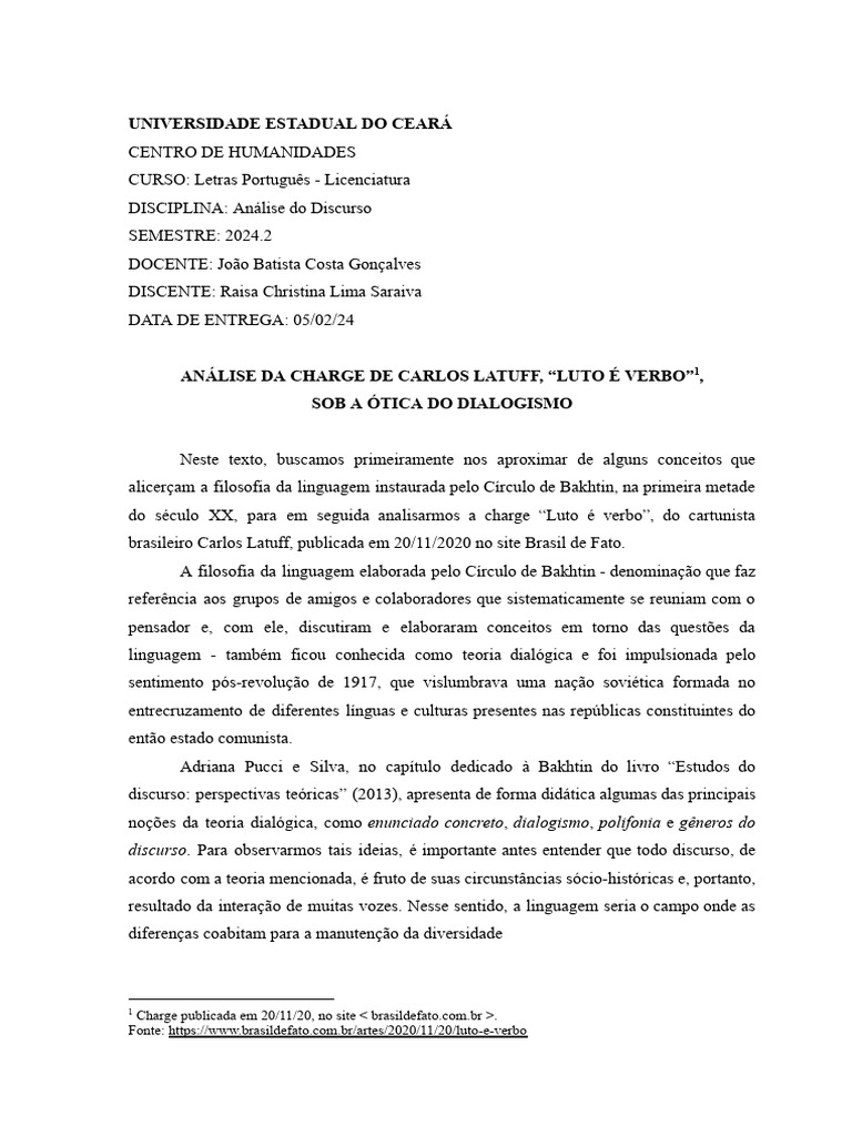 ANÁLISE DO DISCURSO - Raisa Christina (Exerc. 4) | PDF | Discurso