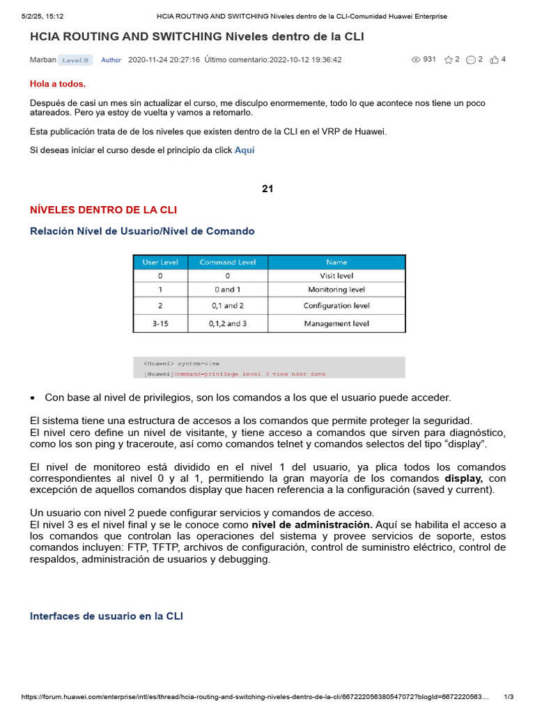 HCIA ROUTING AND SWITCHING Niveles Dentro de La CLI-Comunidad Huawei ...