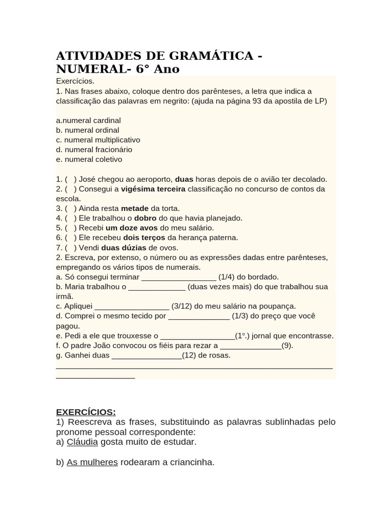 Atividades de Gramática: Numerais e Pronomes | PDF | Pronome | Unidades ...