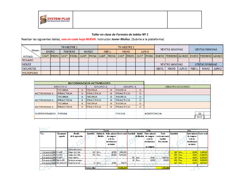 UNIDAD 2 1er Taller de Formato de Tablas en Excel Av | PDF
