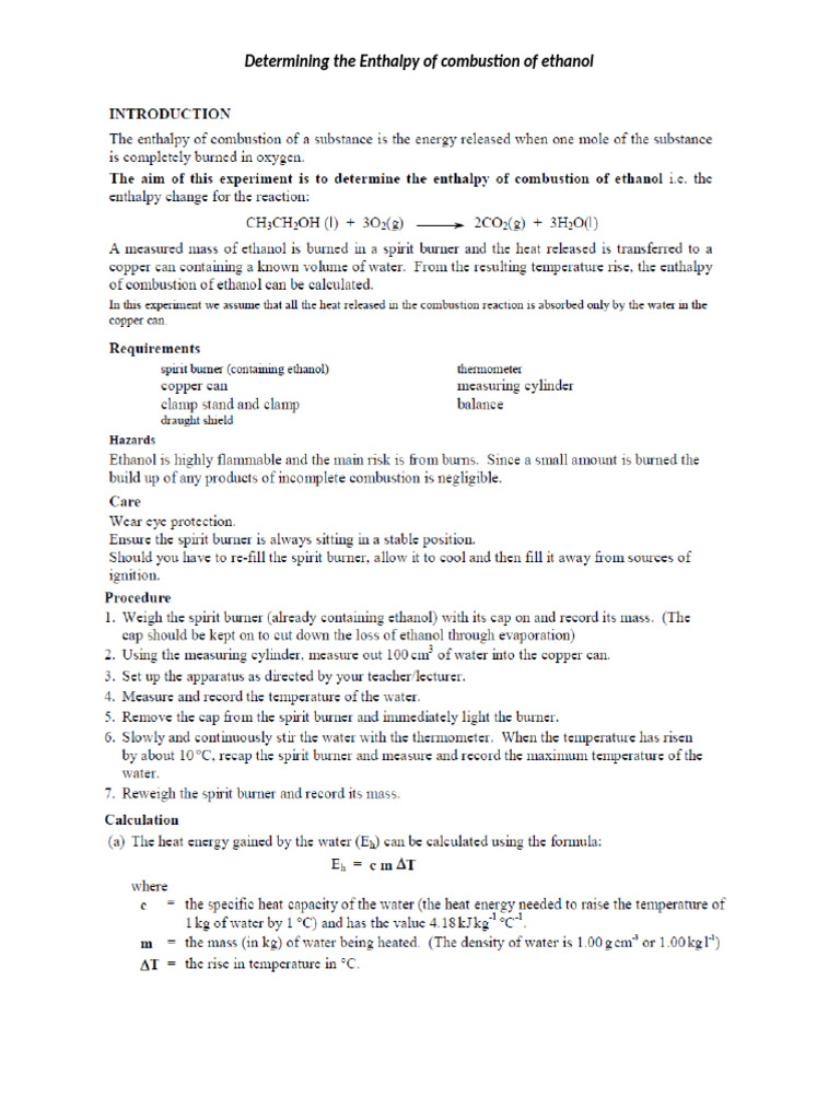 LESSON 12B FRI251024 Experiment - Enthalpy of Combustion of Ethanol | PDF