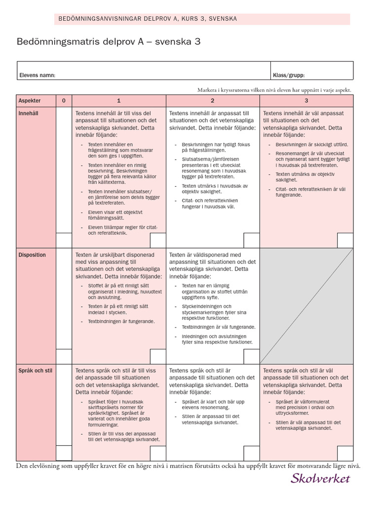 Bedömningsmatris Delprov A Svenska 3 | PDF
