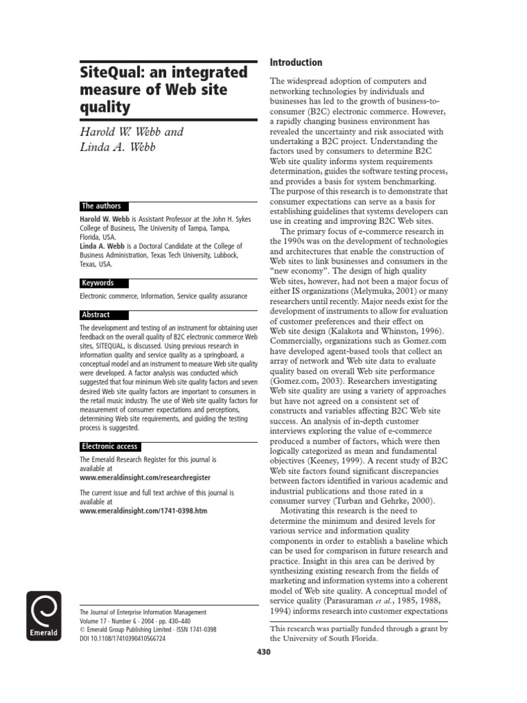 Sitequal An Integrated Measure of Web Site Quality | PDF | Retail | E ...