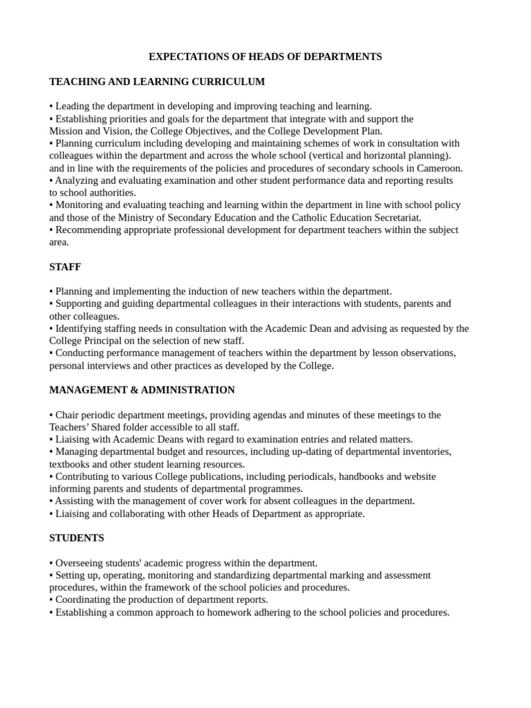 Expectations of Heads of Departments | PDF | Teachers | Curriculum