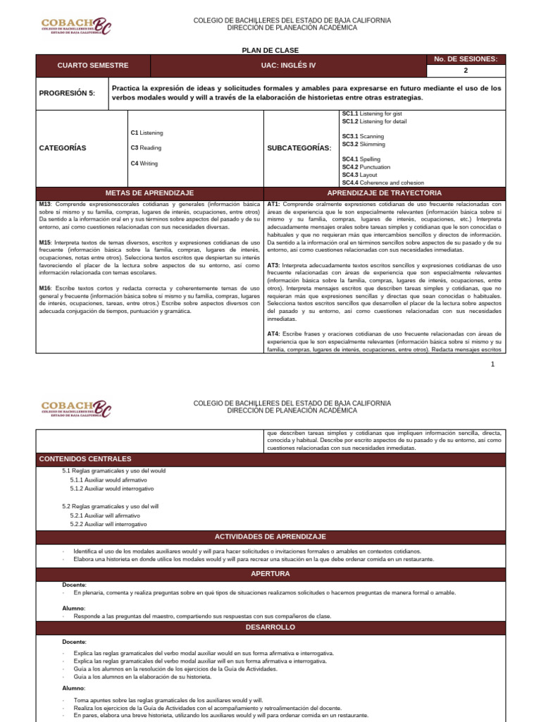 Plan Clase Progresión 5 | PDF | Gramática | Maestros