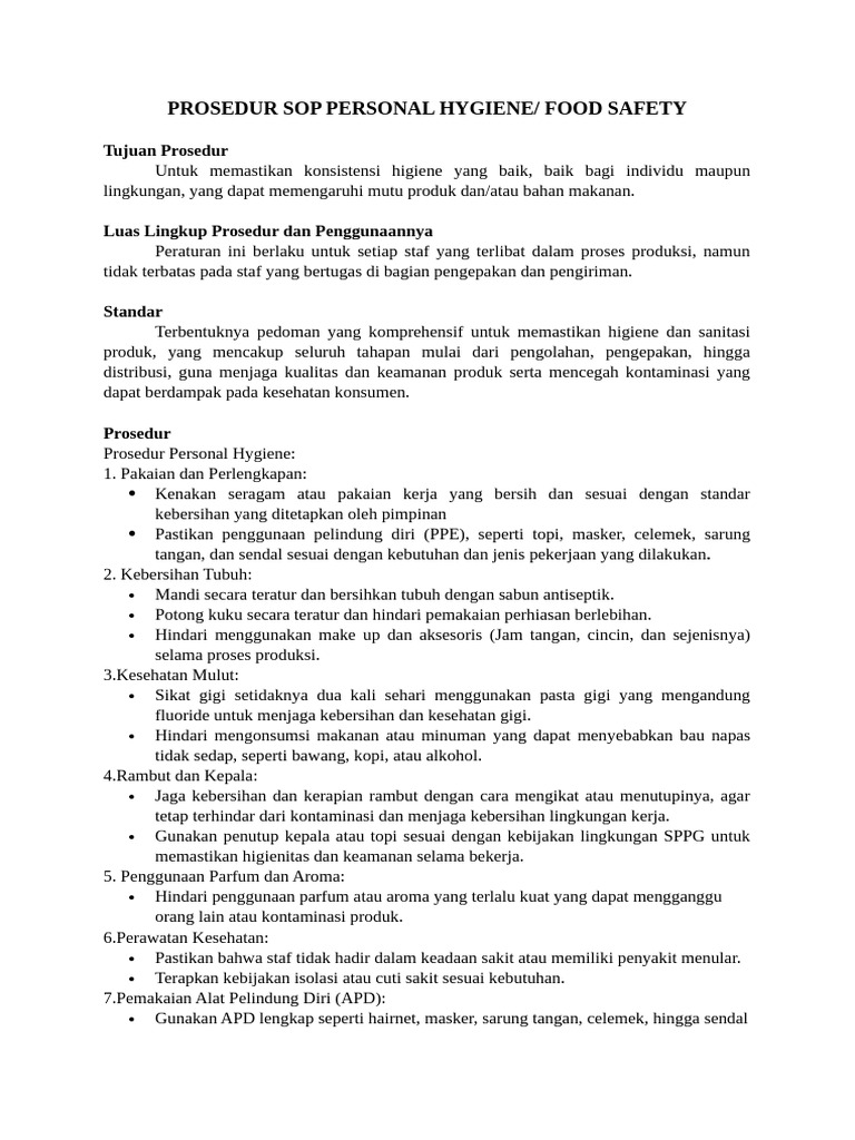 SOP Personal Hygiene untuk Staf Dapur | PDF