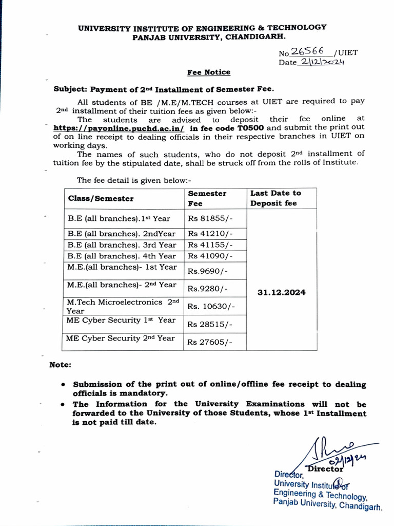 Revised Fee Notice of 2nd Installment | PDF