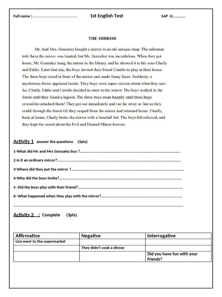 1st English 5 Ap Test | PDF