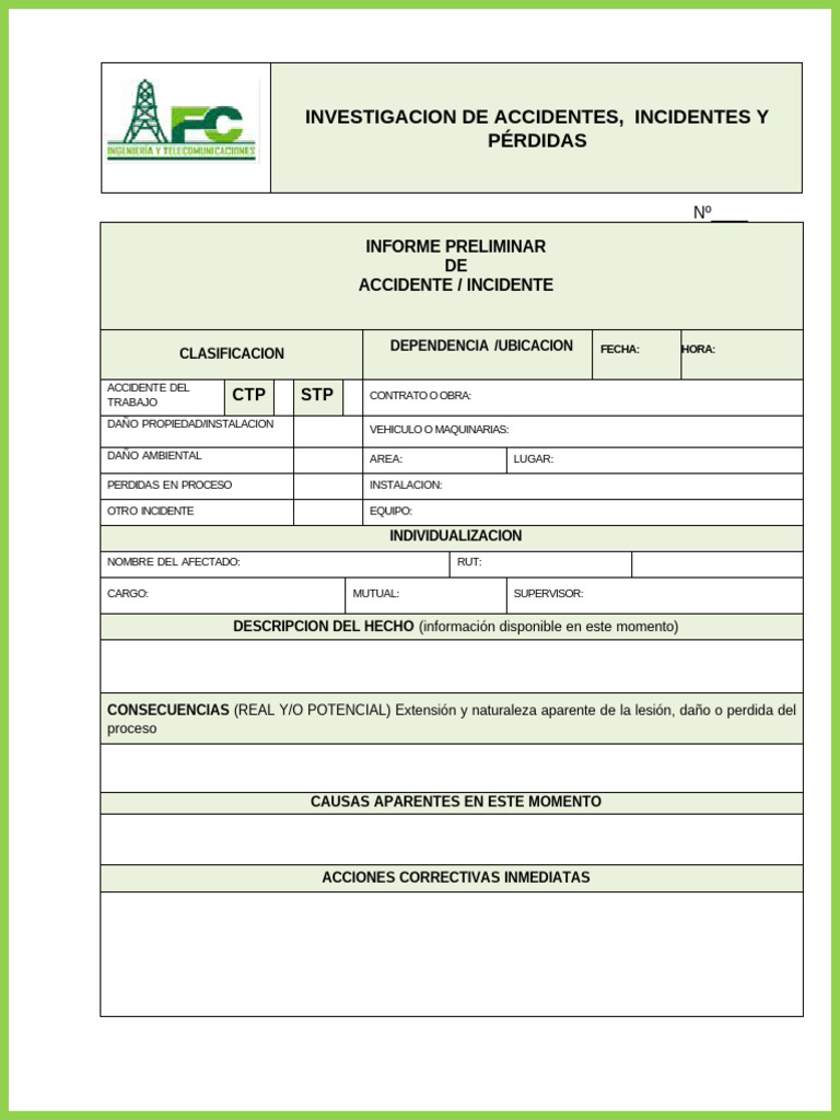 Registro Informe Preliminar de Accidente - Incidente | PDF